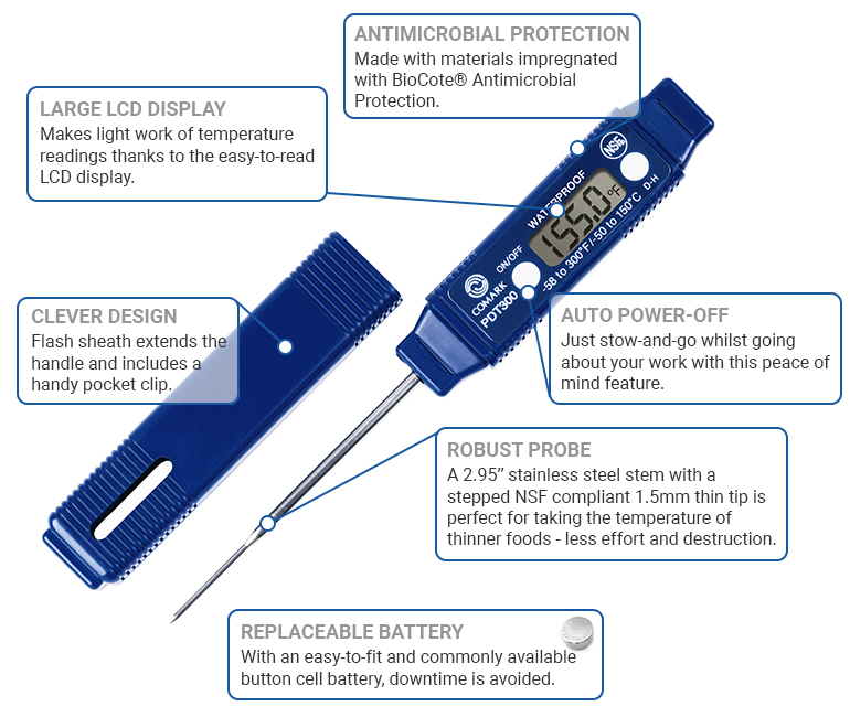 Comark PDT300 Waterproof Digital Pocket Thermometer w/ 3" Stem, -58 to ...